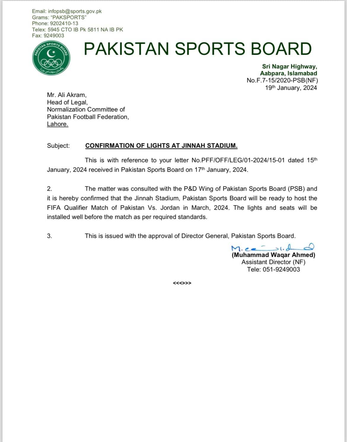 DG Pakistan Sports Board Refutes PFF's Claims of Jinnah Stadium ...
