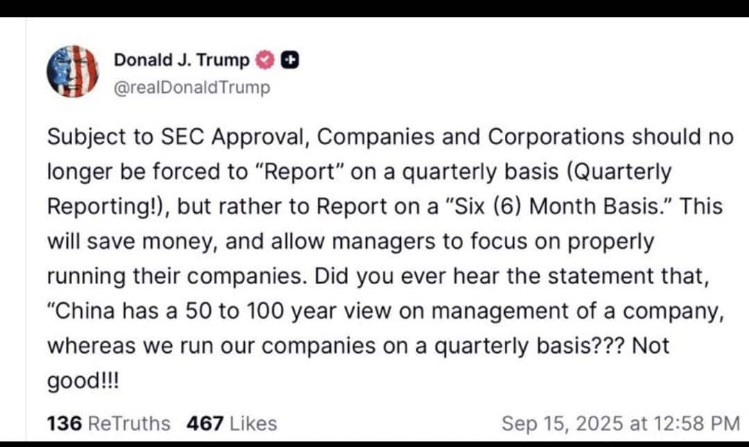 Trump Urges SEC to Scrap Quarterly Reporting for Companies
