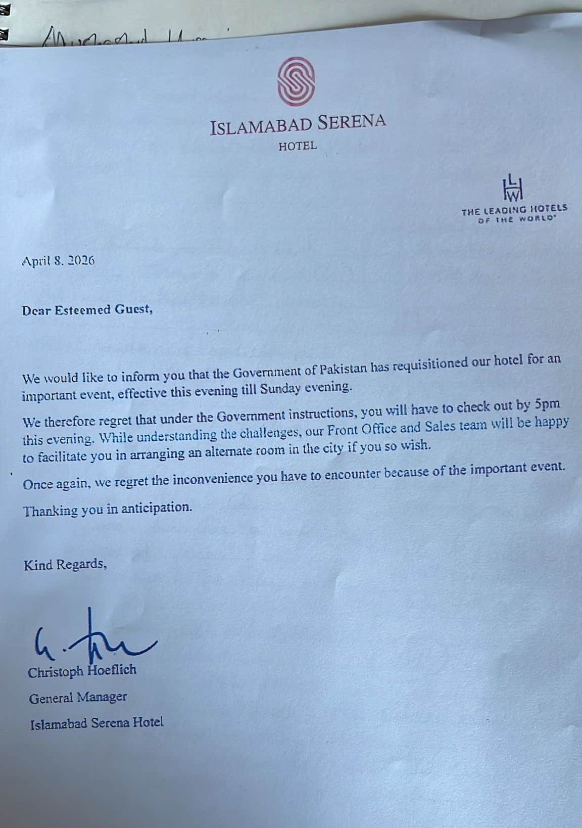 Serena Hotel Islamabad Asks All Guests to Check Out Immediately
